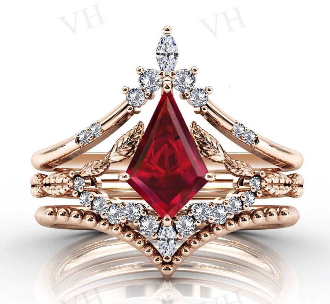 Art Deco Kite Shaped Ruby Engagement Ring Set 925 Silver Leaf Style ...