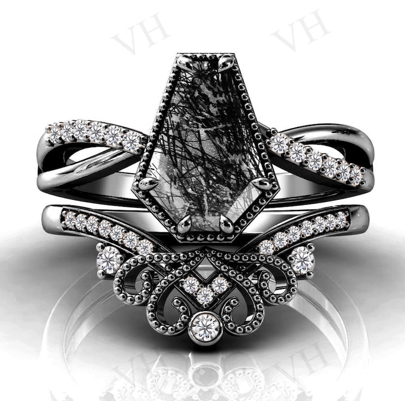 Unique Coffin Shaped Black Rutilated Quartz Engagement Ring Set 2 Pc ...