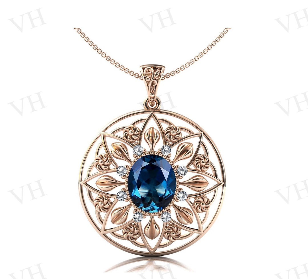 Antique London Blue Topaz Pendant Art Deco Floral Design Pendant Unique ...