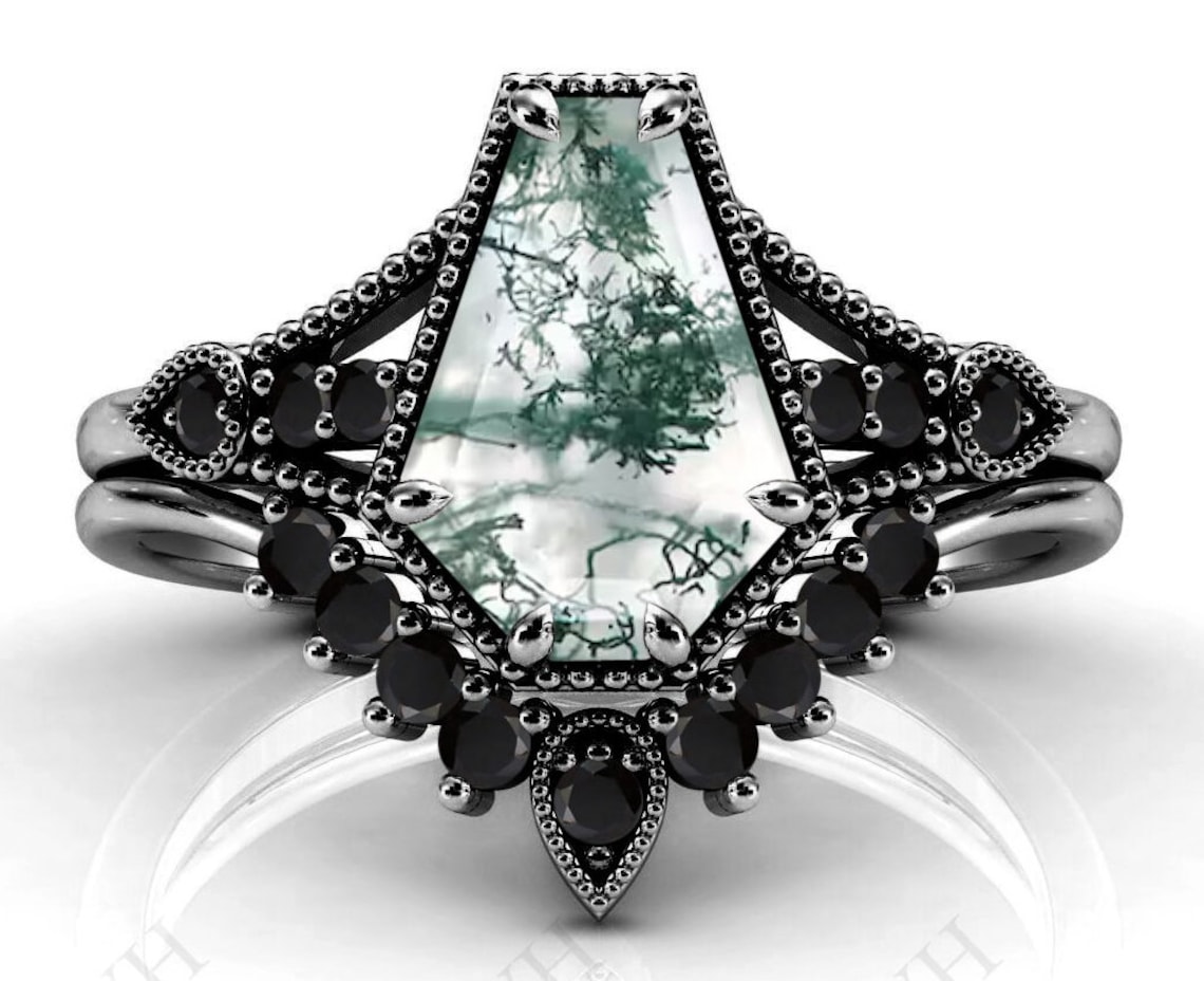 Antique Coffin Shaped Moss Agate Engagement Ring Set Art Deco - Etsy