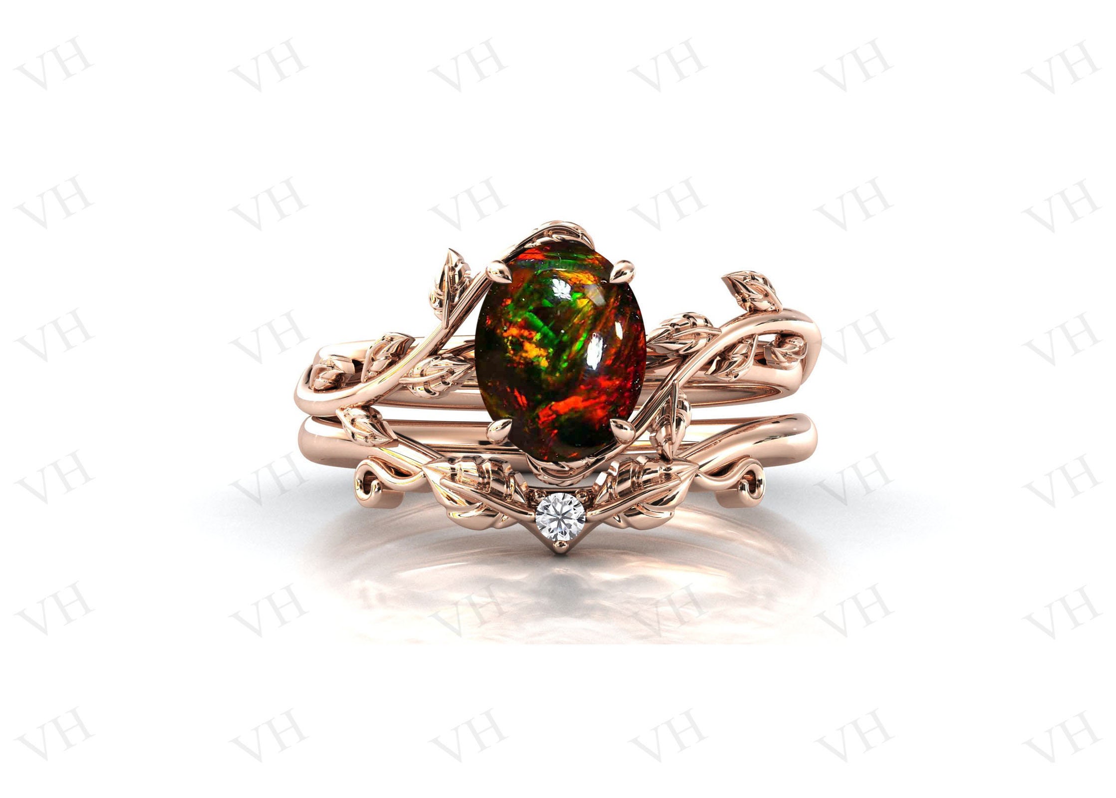 Vintage Black Opal Engagement Ring Set for Women Art Deco Leaf Wedding ...
