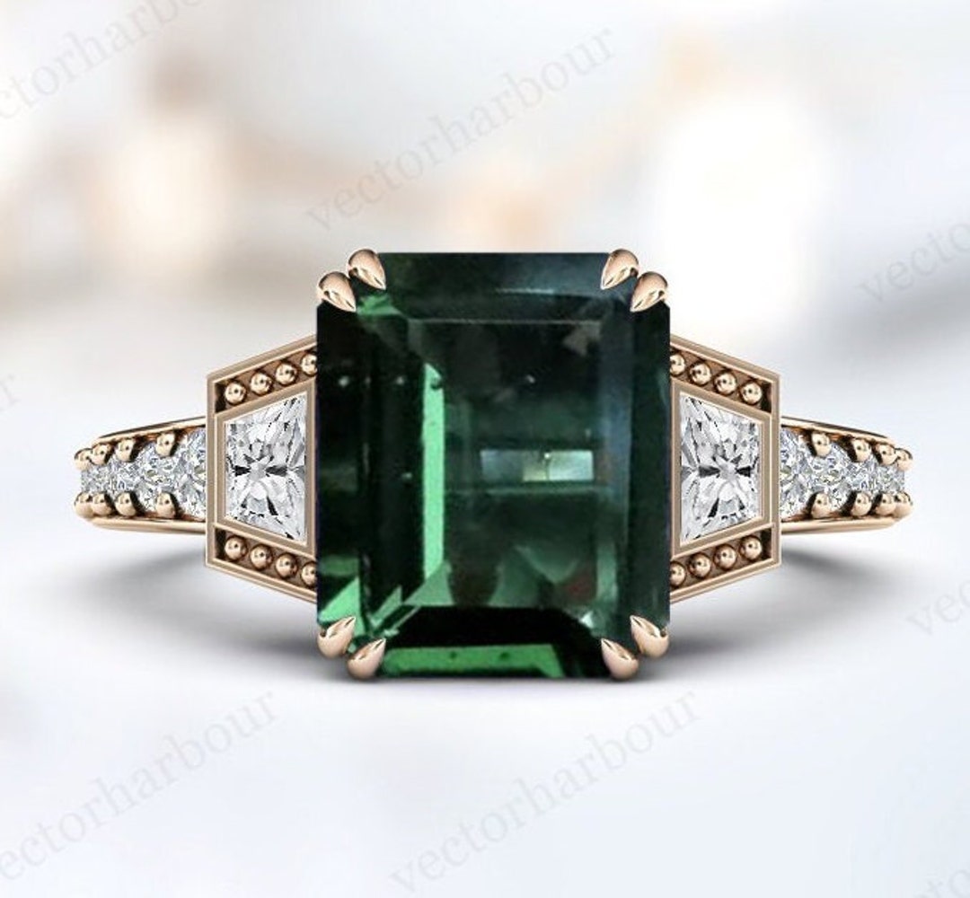 Emerald Cut Moldavite Engagement Ring for Women Vintage Moldavite ...