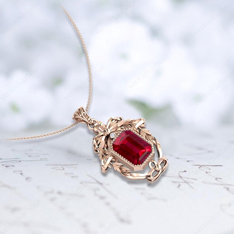 Emerald Cut Ruby Pendant for Women Antique Style Pendant Art Deco Leaf ...