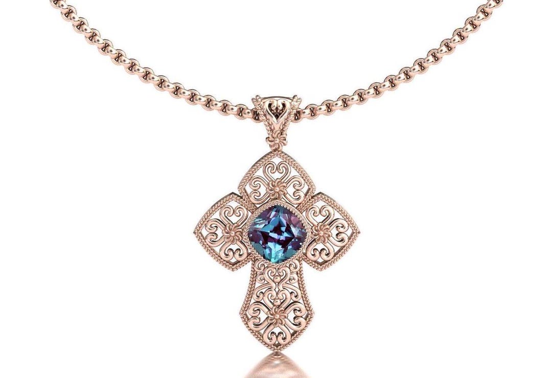 Vintage Alexandrite Cross Pendant for Women 925 Silver Floral Cross ...