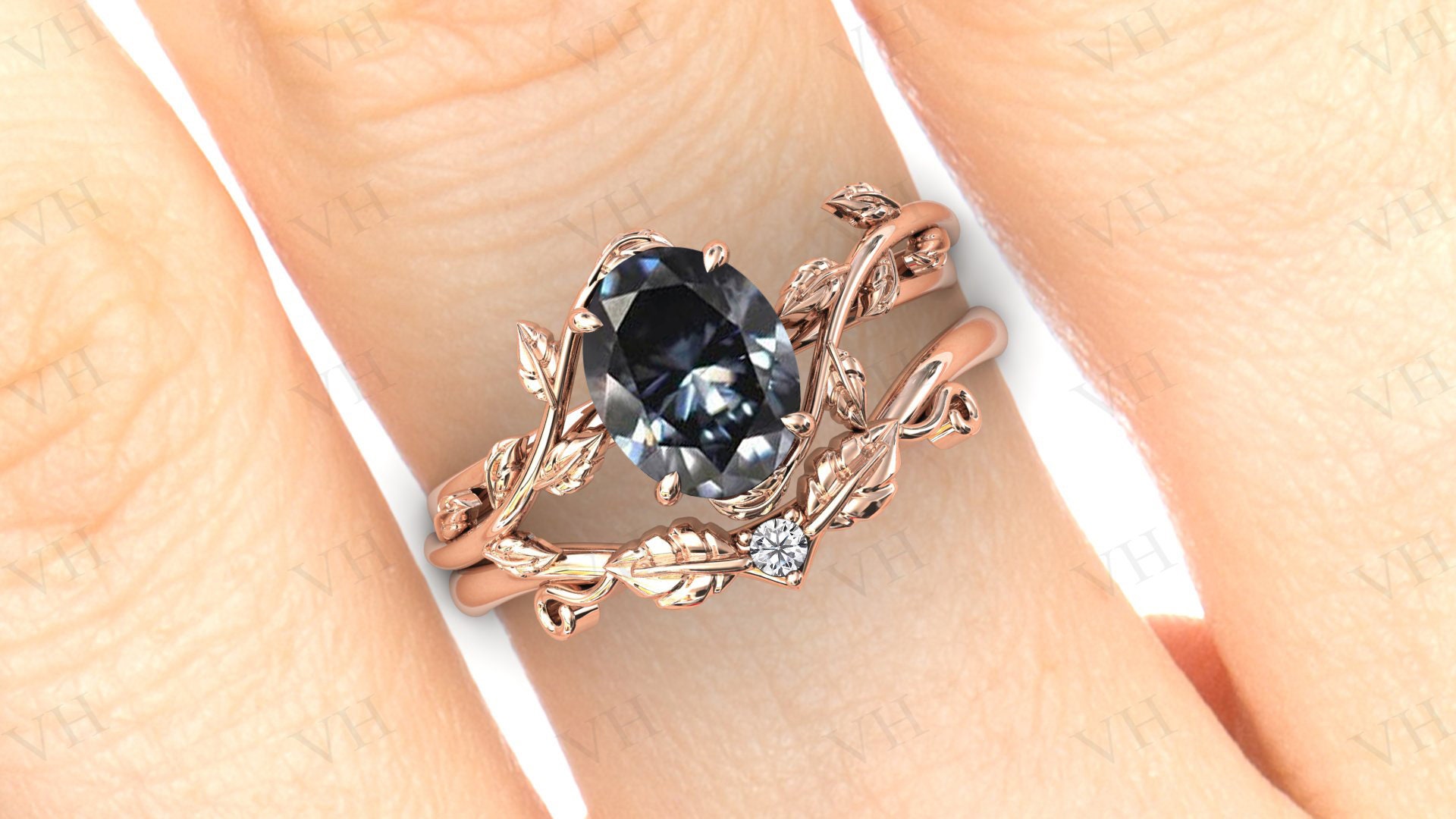 Vine Leaf Design Grey Spinel Engagement Ring Set 925 Silver - Etsy