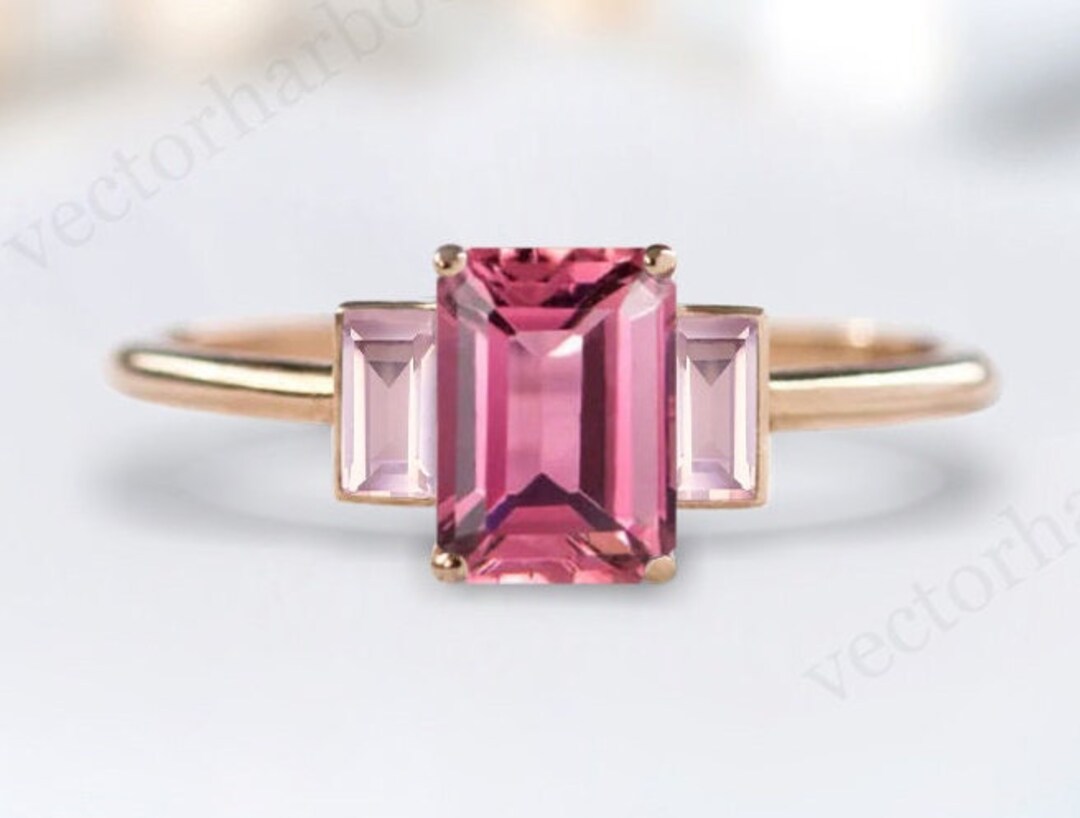 Emerald Cut Pink Tourmaline Engagement Ring Unique Multi Gemstone Ring 14k Gold Pink Tourmaline ...