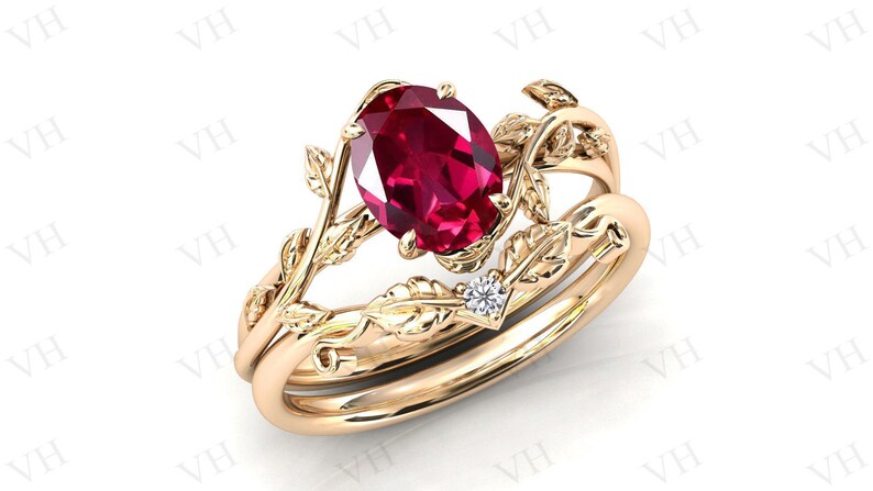Oval Shaped Red Ruby Engagement Ring Set for Women Vine Leaf Style ...