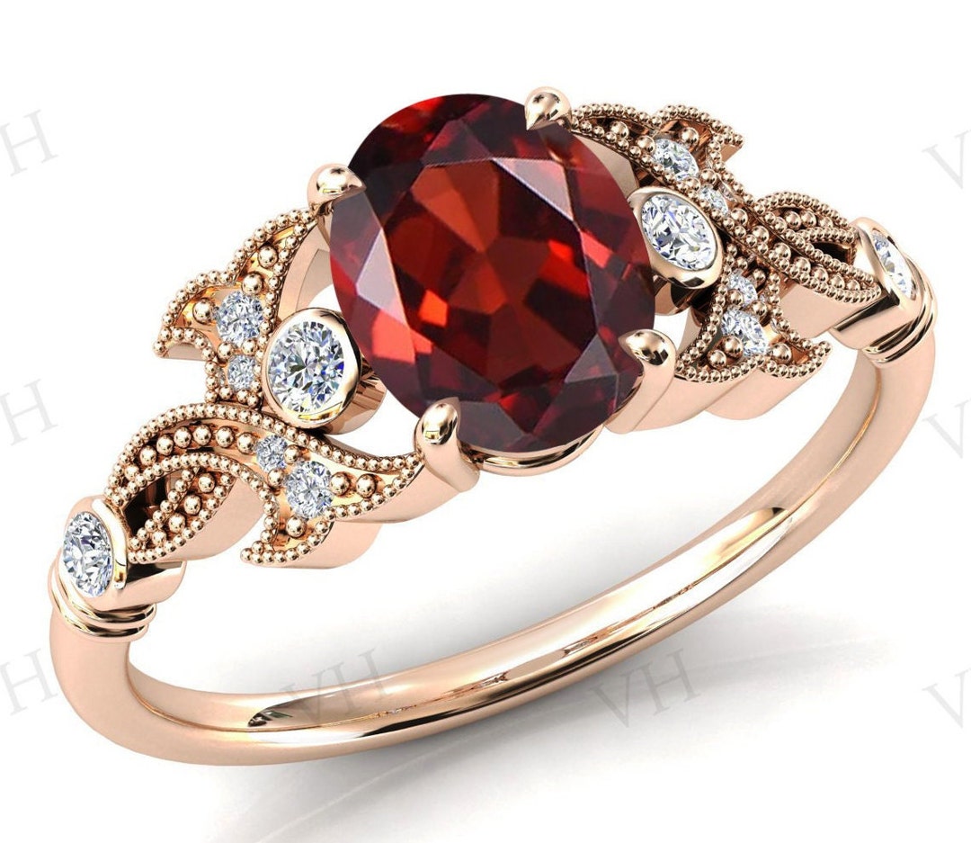 14k Gold Garnet Engagement Ring Natural Garnet Art Deco Wedding Ring ...