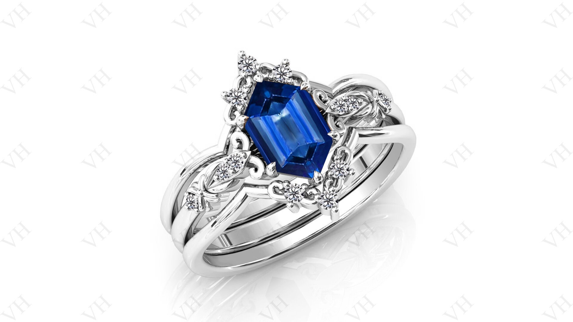Art Deco Blue Sapphire Engagement Ring Set for Women Antique - Etsy