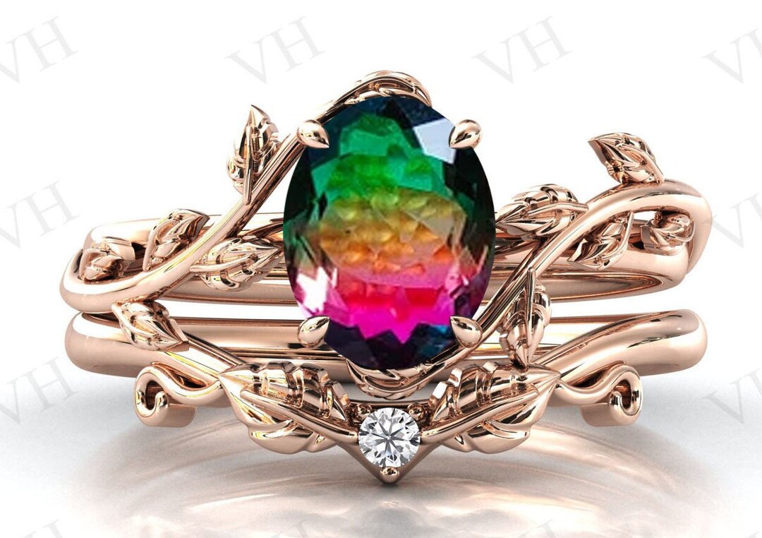 Watermelon Tourmaline Engagement Ring Set Art Deco Leaf Style Wedding ...
