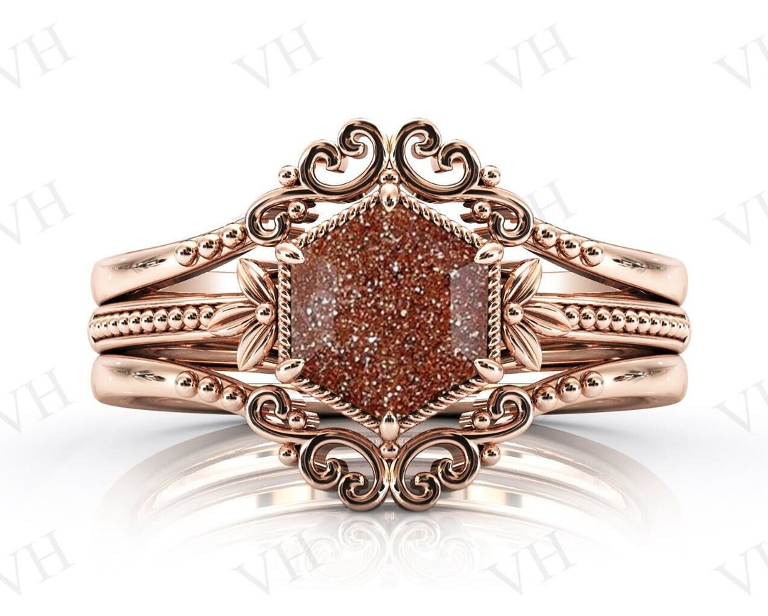 Hexagon Cut Goldstone Engagement Ring Set Vintage Leaf Wedding Ring Set ...