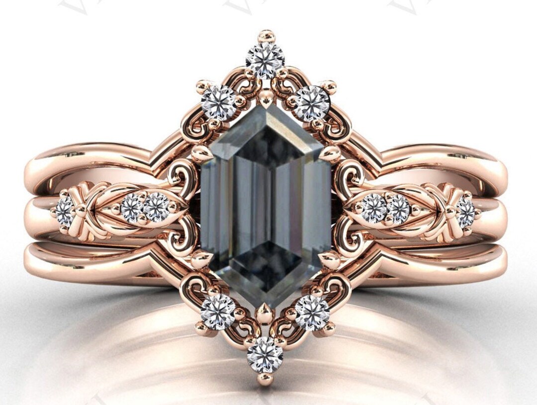 Hexagon Shaped Grey Spinel Engagement Ring Set Art Deco Grey Spinel ...