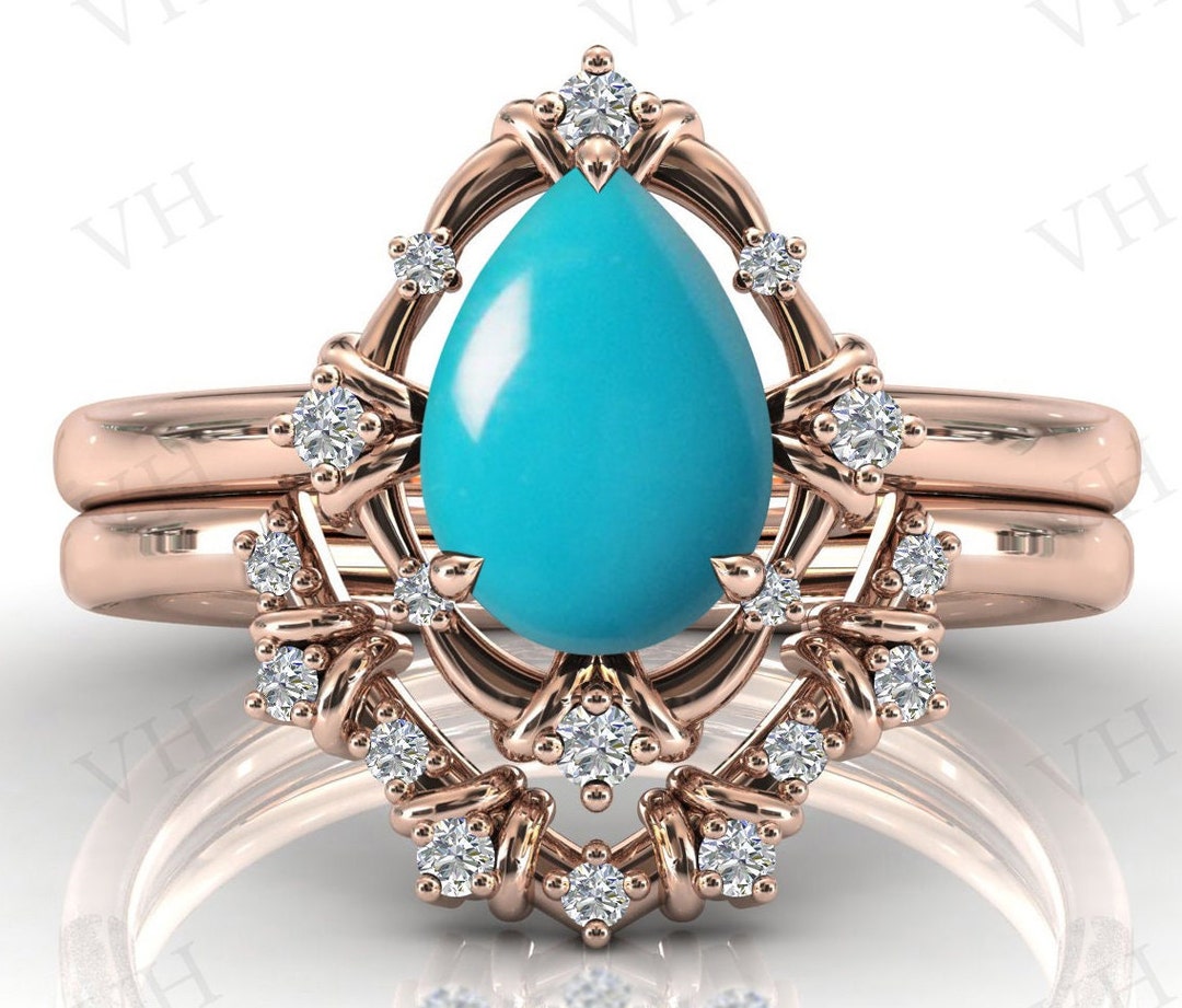 Vintage Turquoise Engagement Ring Set 14k Gold Turquoise Wedding Ring ...