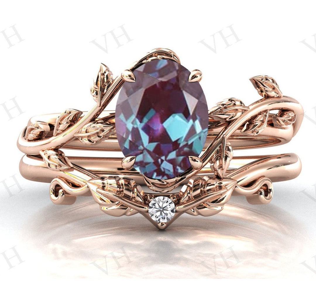 Antique Alexandrite Engagement Ring Set 2 Pcs Art Deco Leaf Wedding ...