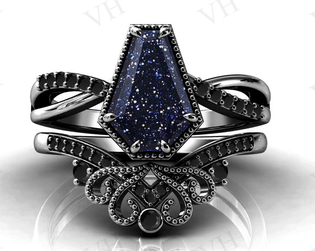 Galaxy Blue Sandstone Engagement Ring Set Coffin Shaped Blue Sandstone ...