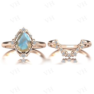 Pear Shaped Labradorite Engagement Ring Set Antique Labradorite Wedding ...