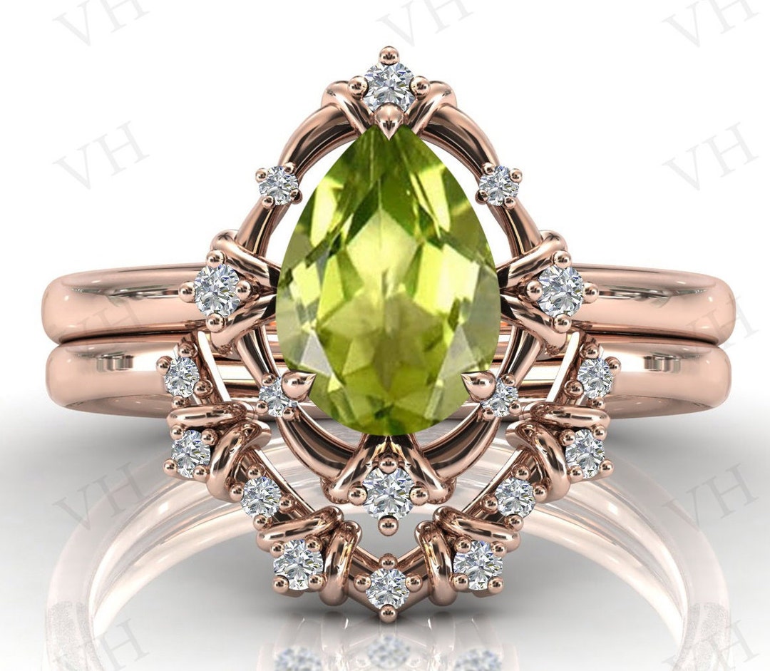 Natural Peridot Engagement Ring Set for Women 14k Gold Antique Wedding ...