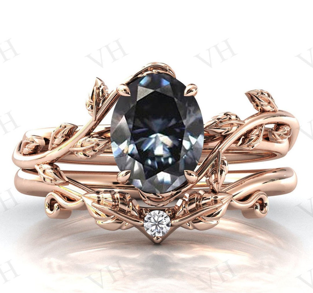 Grey Spinel Engagement Ring Set for Women Antique Leaf Style Wedding ...