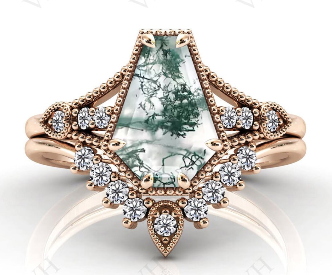 Vintage Green Moss Agate Engagement Ring Set Rose Gold Moss Agate Wedding Ring Set Art Deco ...