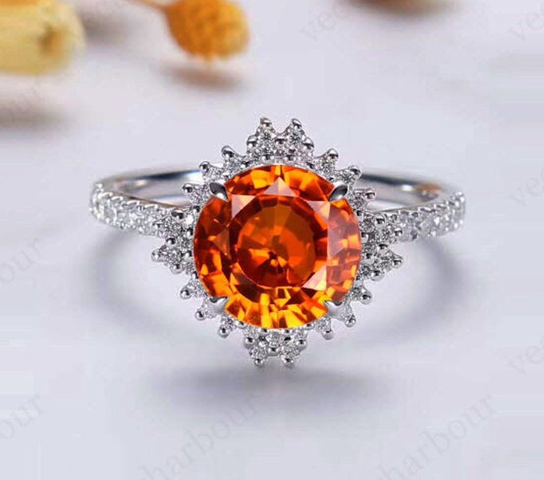 Orange Sapphire Halo Engagement Ring for Women Art Deco Wedding Ring ...