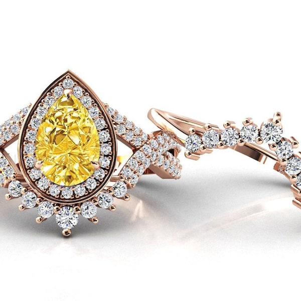 Art Deco Citrine Engagement Ring Set 14k Gold Citrine Wedding - Etsy
