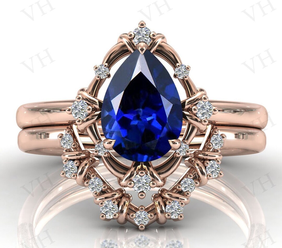 Vintage Blue Sapphire Engagement Ring Set Pear Shaped Blue Sapphire ...
