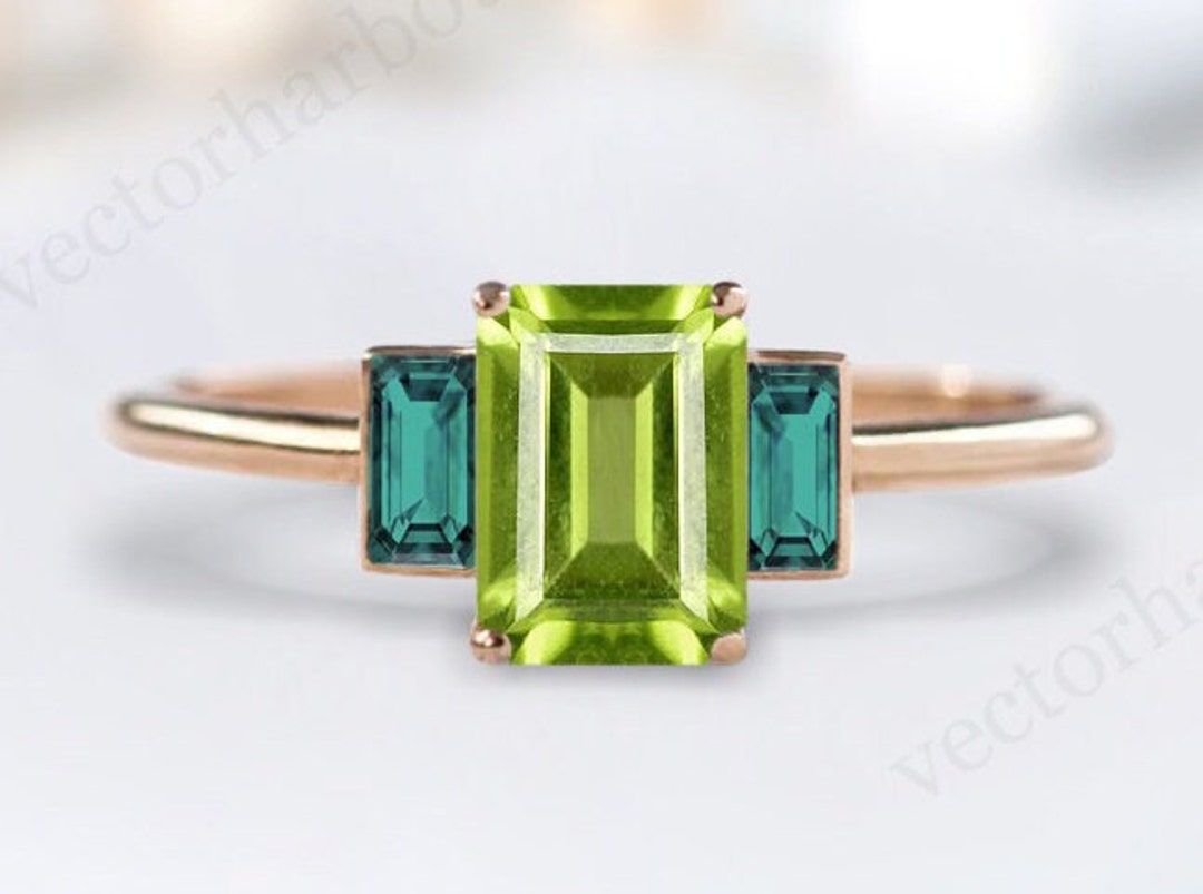Emerald Cut Peridot Engagement Ring Vintage Cluster Wedding Ring Unique ...