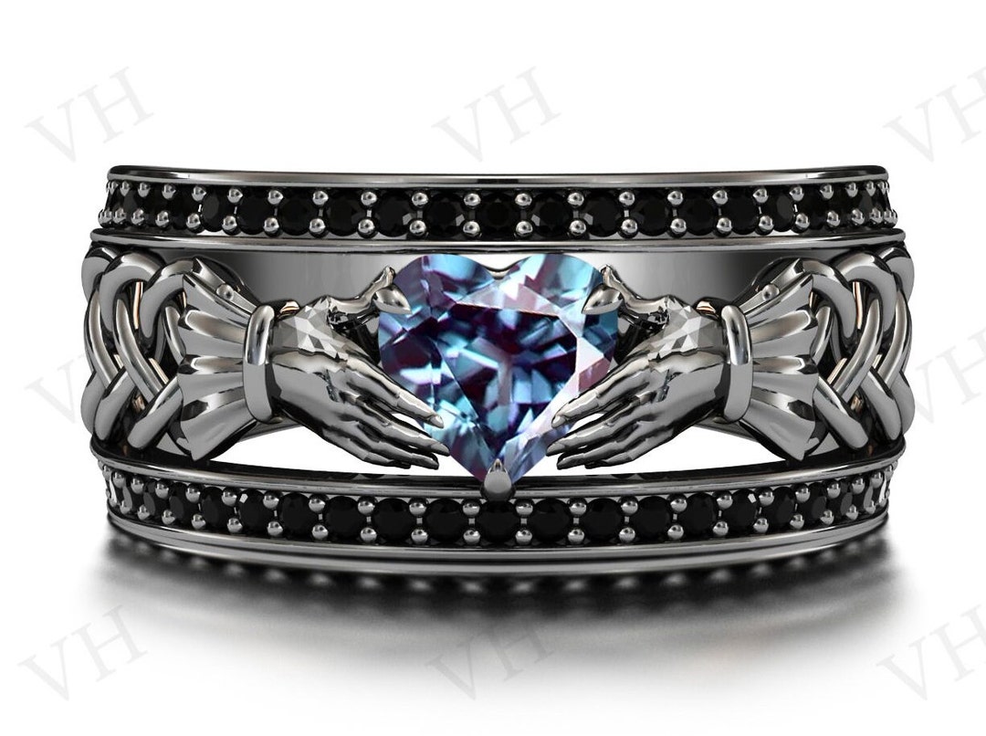 Heart Shaped Alexandrite Engagement Ring Art Deco Claddagh Style Ring ...