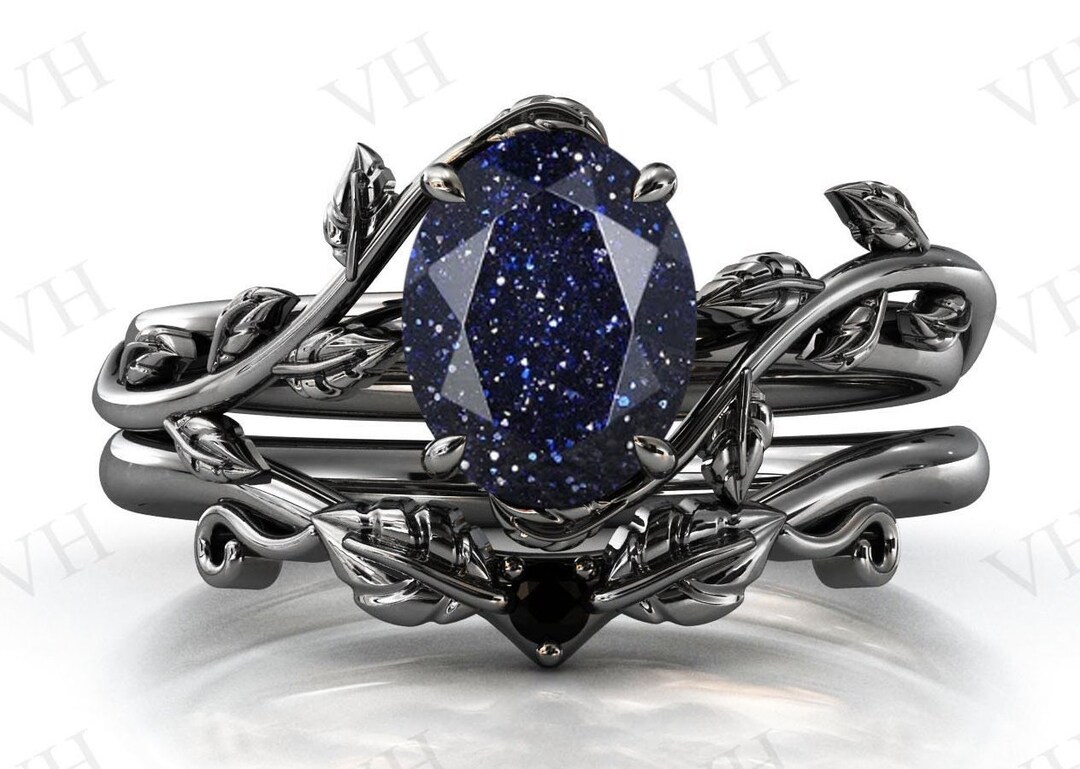 Vintage Blue Sandstone Engagement Ring Set Unique Vine Leaf Design ...