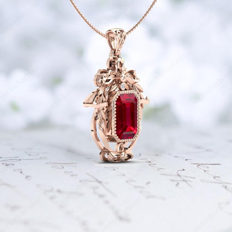 Emerald Cut Ruby Pendant for Women Antique Style Pendant Art Deco Leaf ...