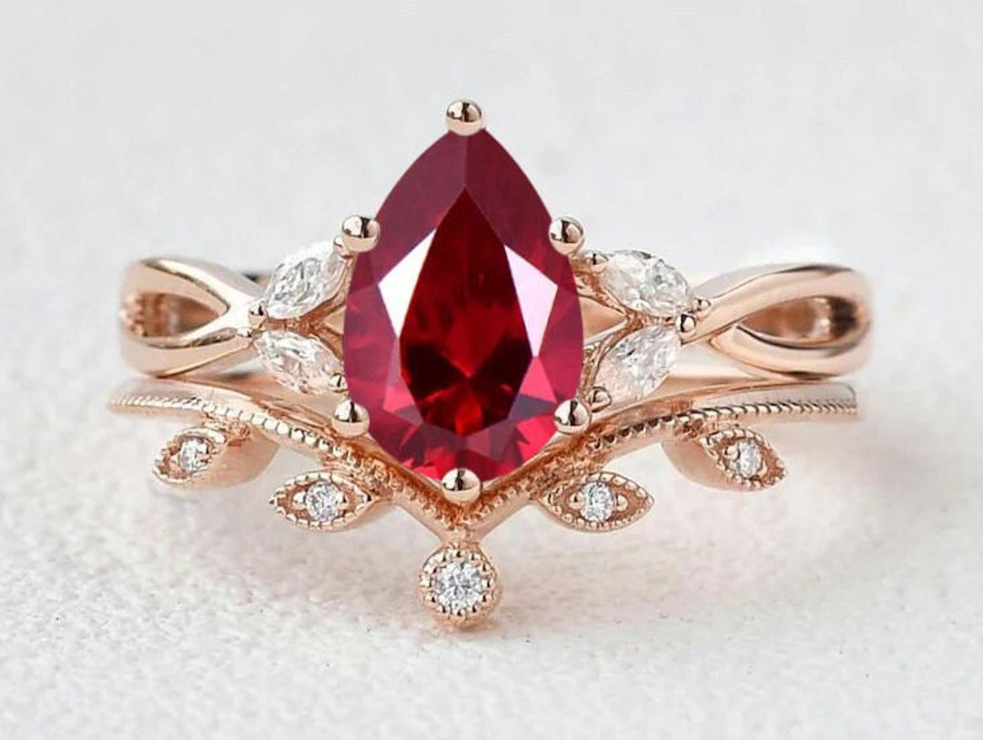Art Deco Ruby Engagement Ring Set Pear Cut Ruby Wedding Ring Set 14k ...