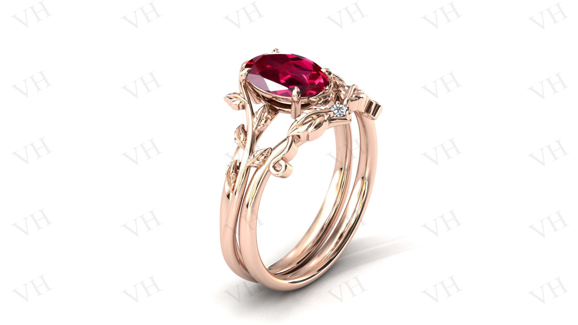 Oval Shaped Red Ruby Engagement Ring Set for Women Vine Leaf Style ...