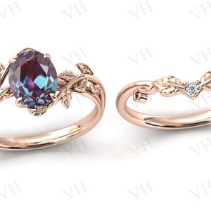 Antique Alexandrite Engagement Ring Set 2 Pcs Art Deco Leaf Wedding ...