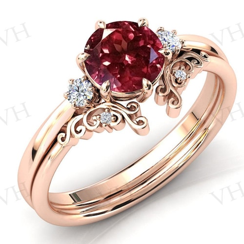 Vintage Garnet Engagement Ring Set Art Deco Leaf Design - Etsy