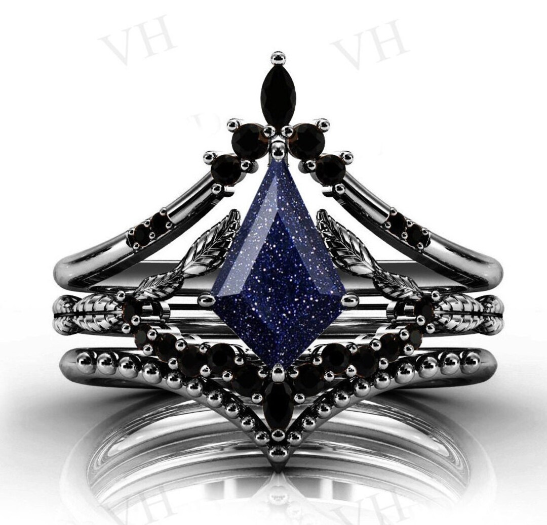 Galaxy Blue Sandstone Engagement Ring Set Kite Shaped Leaf Design 3 Pcs ...