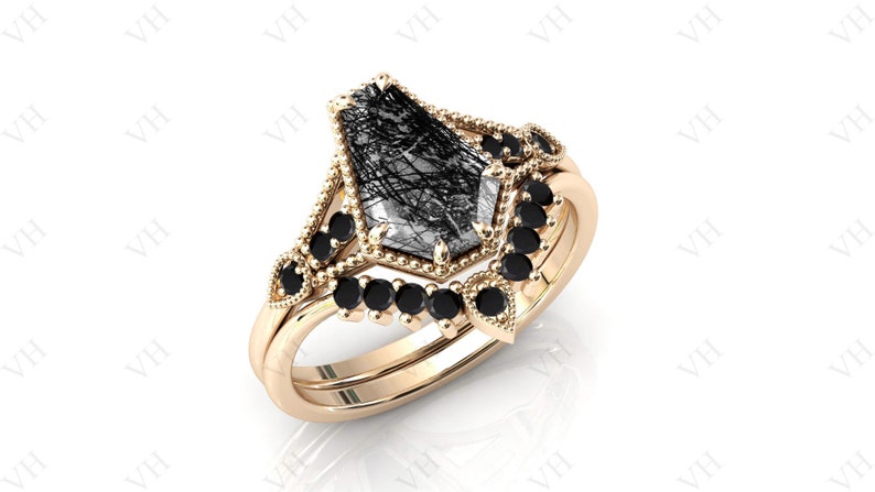 Coffin Shaped Black Rutilated Engagement Ring Set 925 Silver Etsy