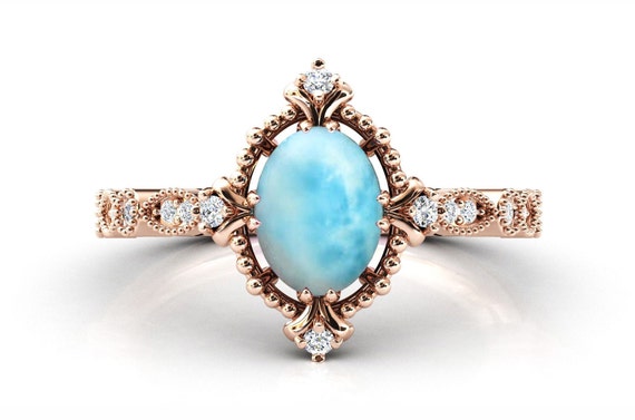 Unique Larimar Engagement Ring Oval Cut Larimar Wedding Ring Art Deco Bridal Anniversary Ring 14k Rose Gold Larimar Promise Ring for Women Etsy