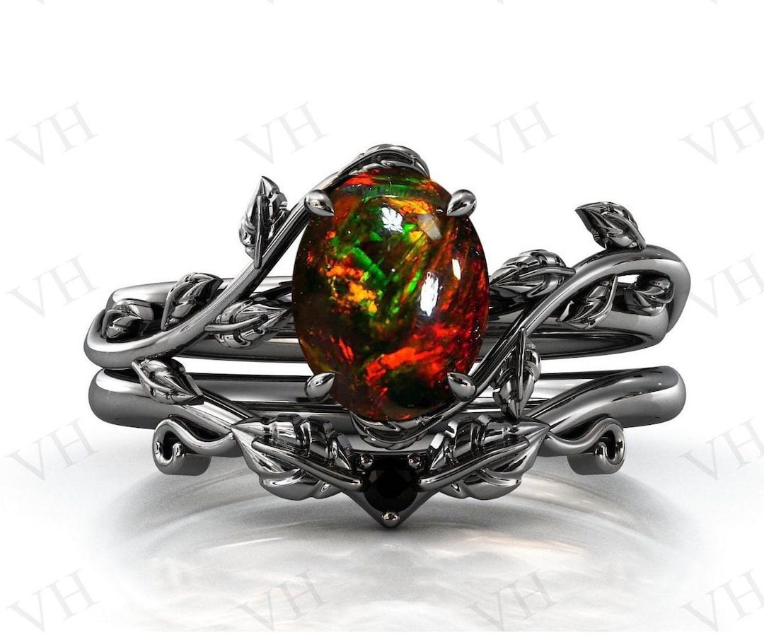 Vintage Black Opal Engagement Ring Set for Women Art Deco Leaf Wedding ...