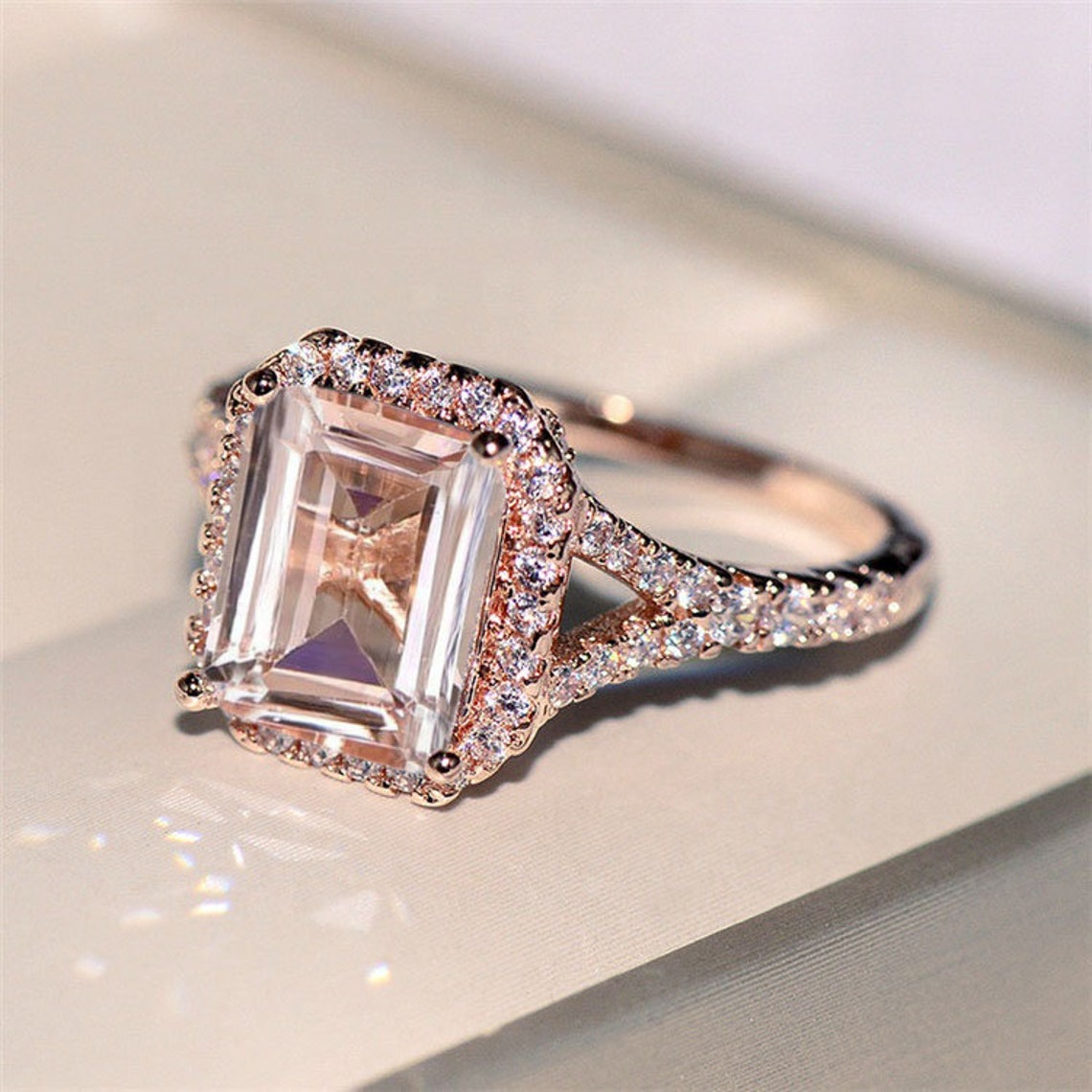Emerald Cut Morganite Engagement Ring Women Morganite Wedding Etsy
