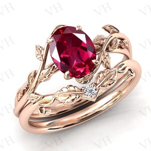 Oval Shaped Red Ruby Engagement Ring Set for Women Vine Leaf Style ...