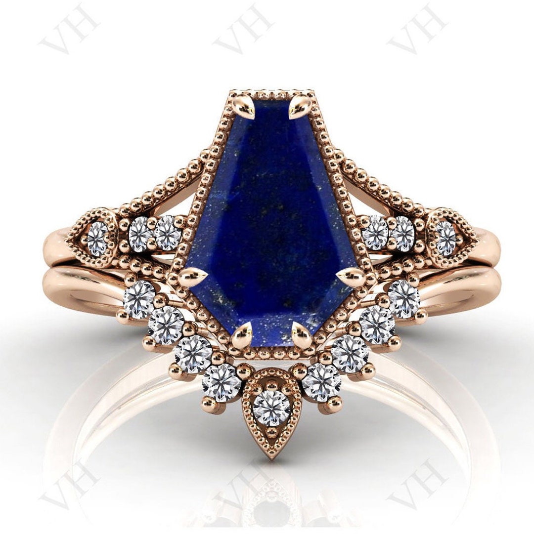 Vintage Lapis Lazuli Engagement Ring Set for Women Coffin Shaped Lapis ...