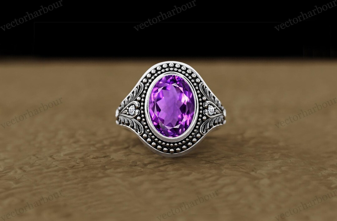 14k Gold Amethyst Filigree Design Ring Art Deco Wedding Ring Bezel Set ...