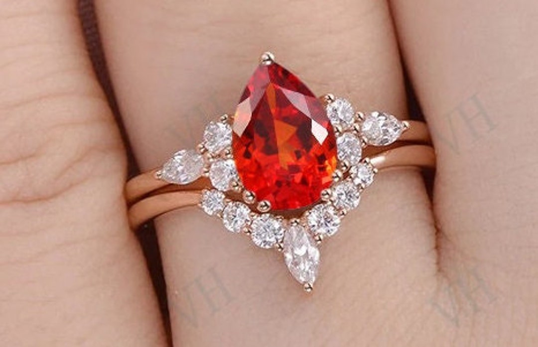 Unique Orange Sapphire Engagement Ring Set Vintage Orange Sapphire ...