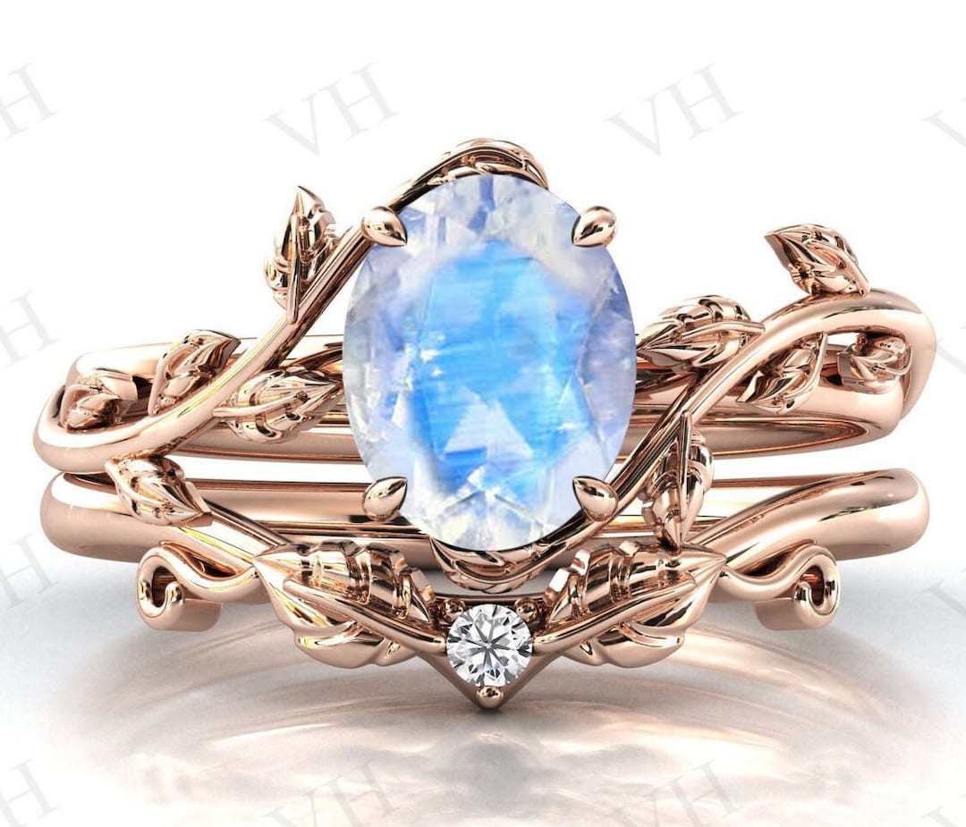 Unique Moonstone Engagement Ring Set 2 Piece Art Deco Wedding Ring Set ...