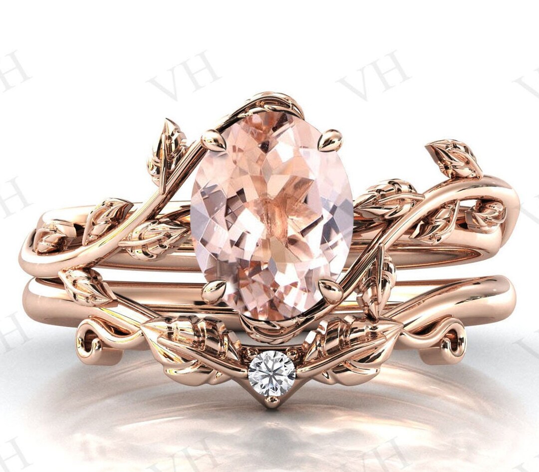 Vintage Morganite Engagement Ring Set Vine Leaf Design Bridal Ring Set ...