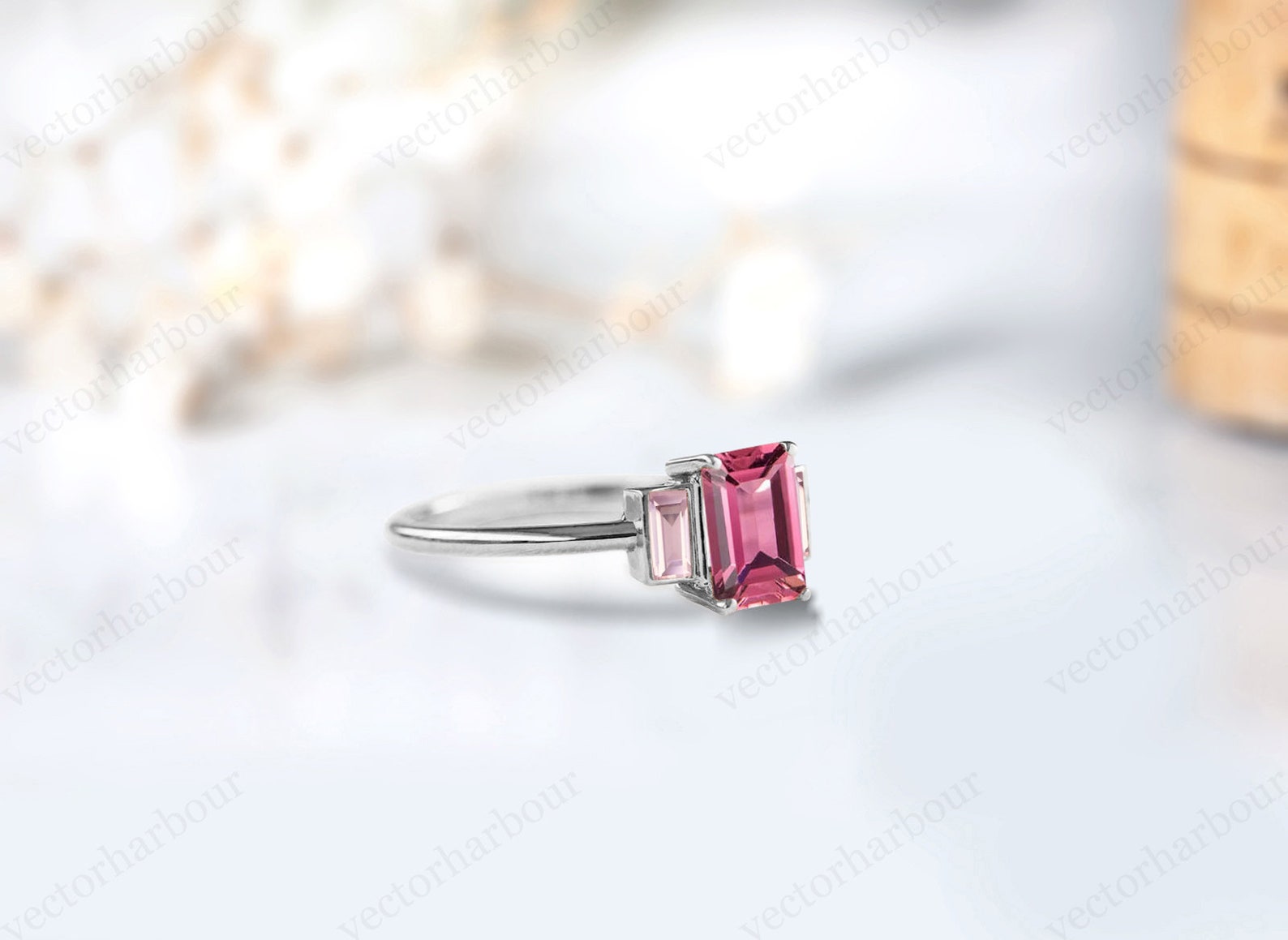 Emerald Cut Pink Tourmaline Engagement Ring Unique Multi Gemstone Ring ...