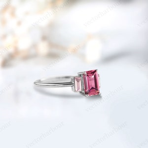 Emerald Cut Pink Tourmaline Engagement Ring Unique Multi Gemstone Ring 14k Gold Pink Tourmaline ...