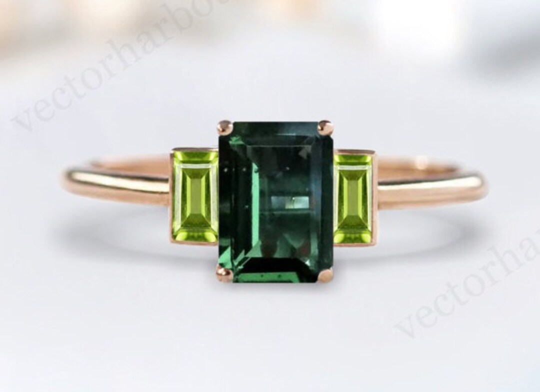 Vintage Moldavite Wedding Ring Emerald Cut Moldavite Engagement Ring ...