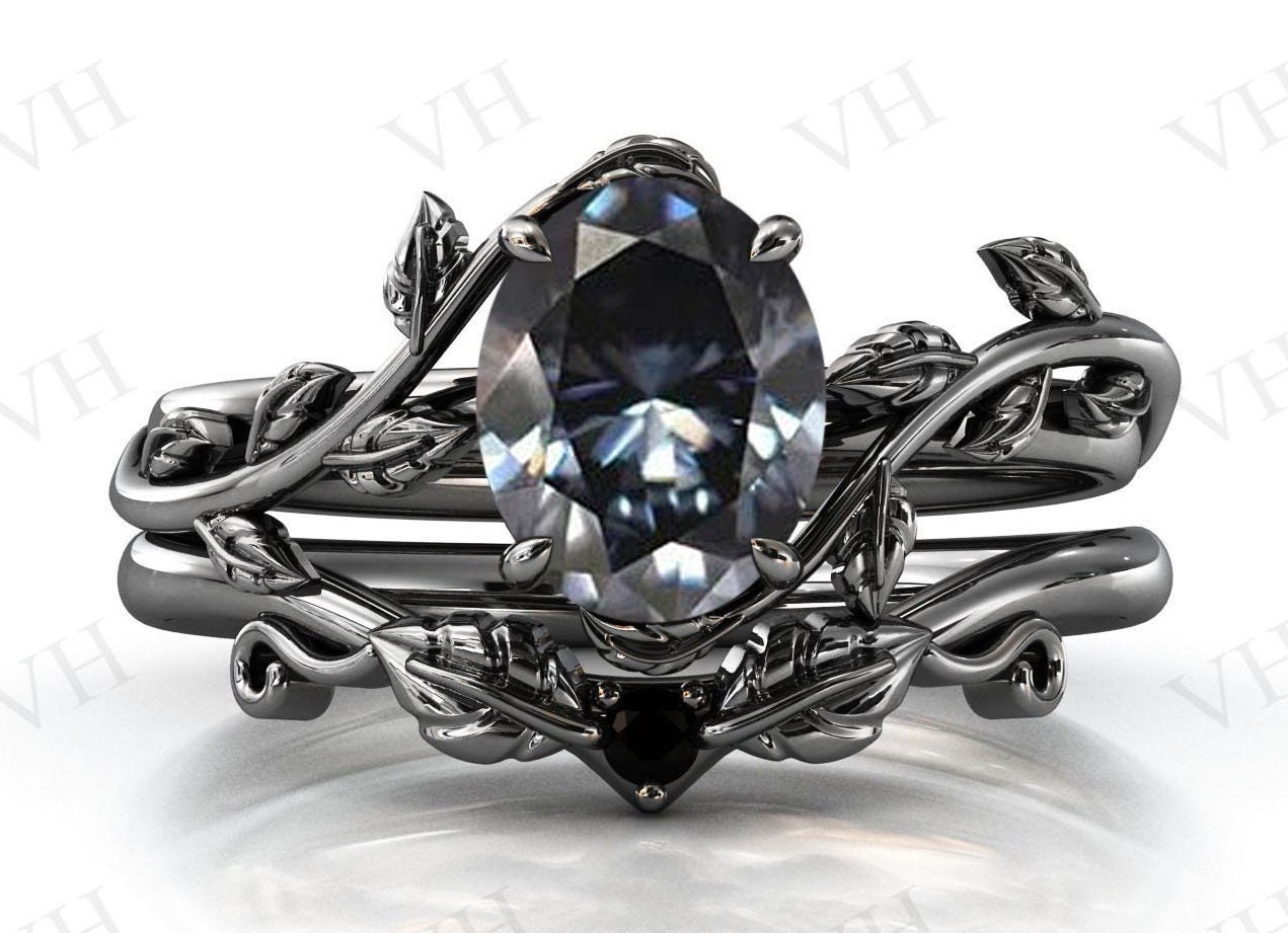 Vine Leaf Design Grey Spinel Engagement Ring Set 925 Silver - Etsy