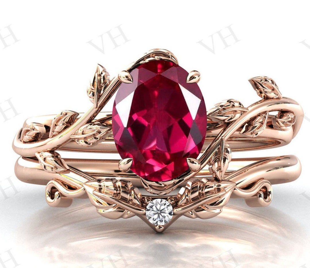 Oval Shaped Red Ruby Engagement Ring Set for Women Vine Leaf Style ...